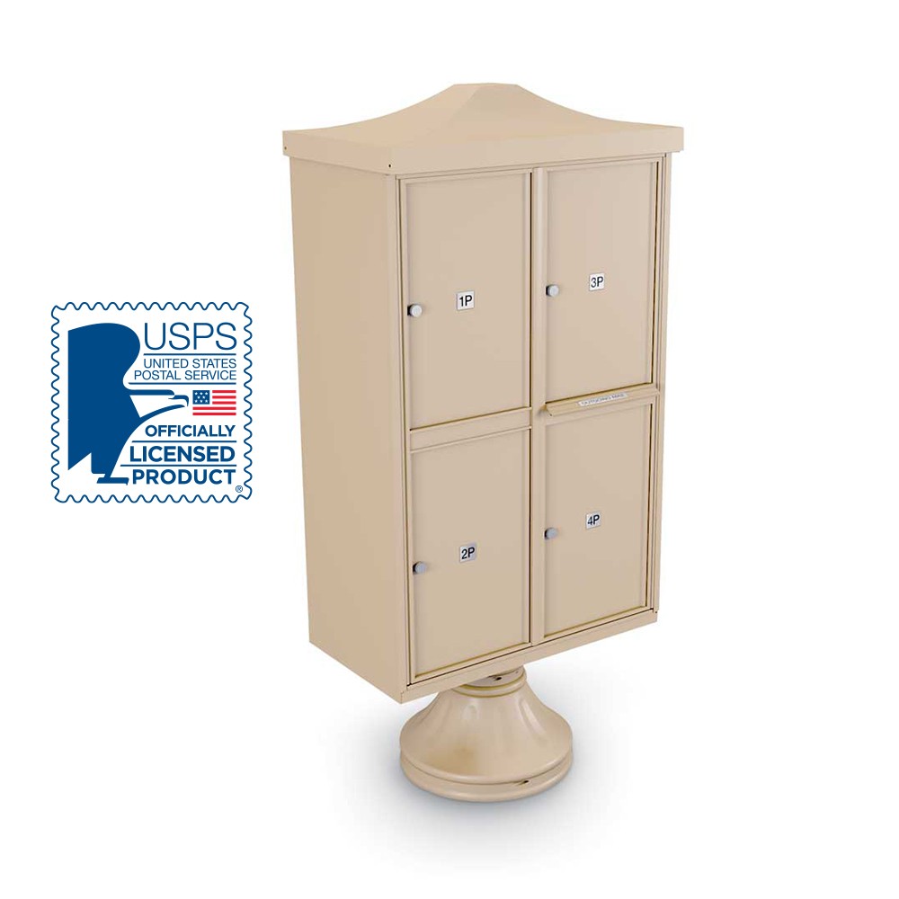 Decorative 4 Parcel Locker unit ncluding Short Pedestal, and Cap